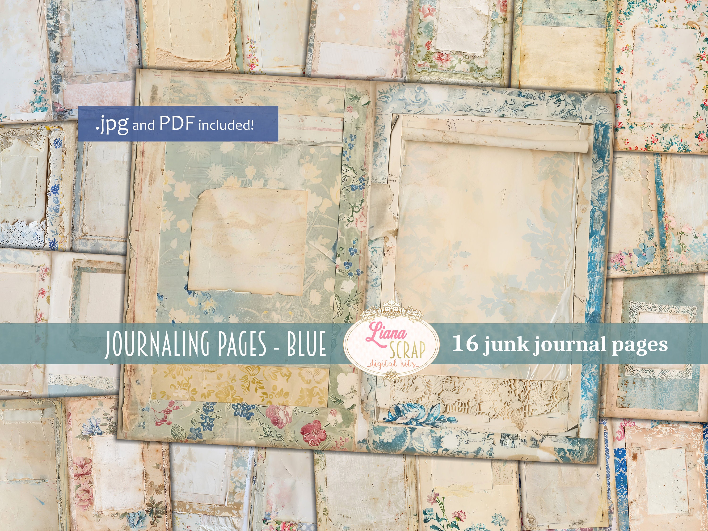 Blue Floral Junk Journal Pages, Collage Background (PDF) - Etsy