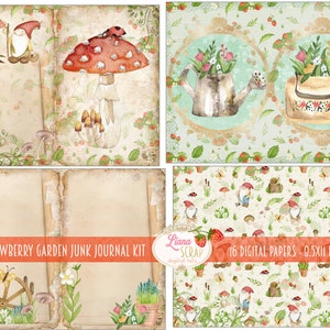 Gnome Strawberry Garden Junk Journal Digital Kit Printable, Gnomes and Gardening Digital Collage ...