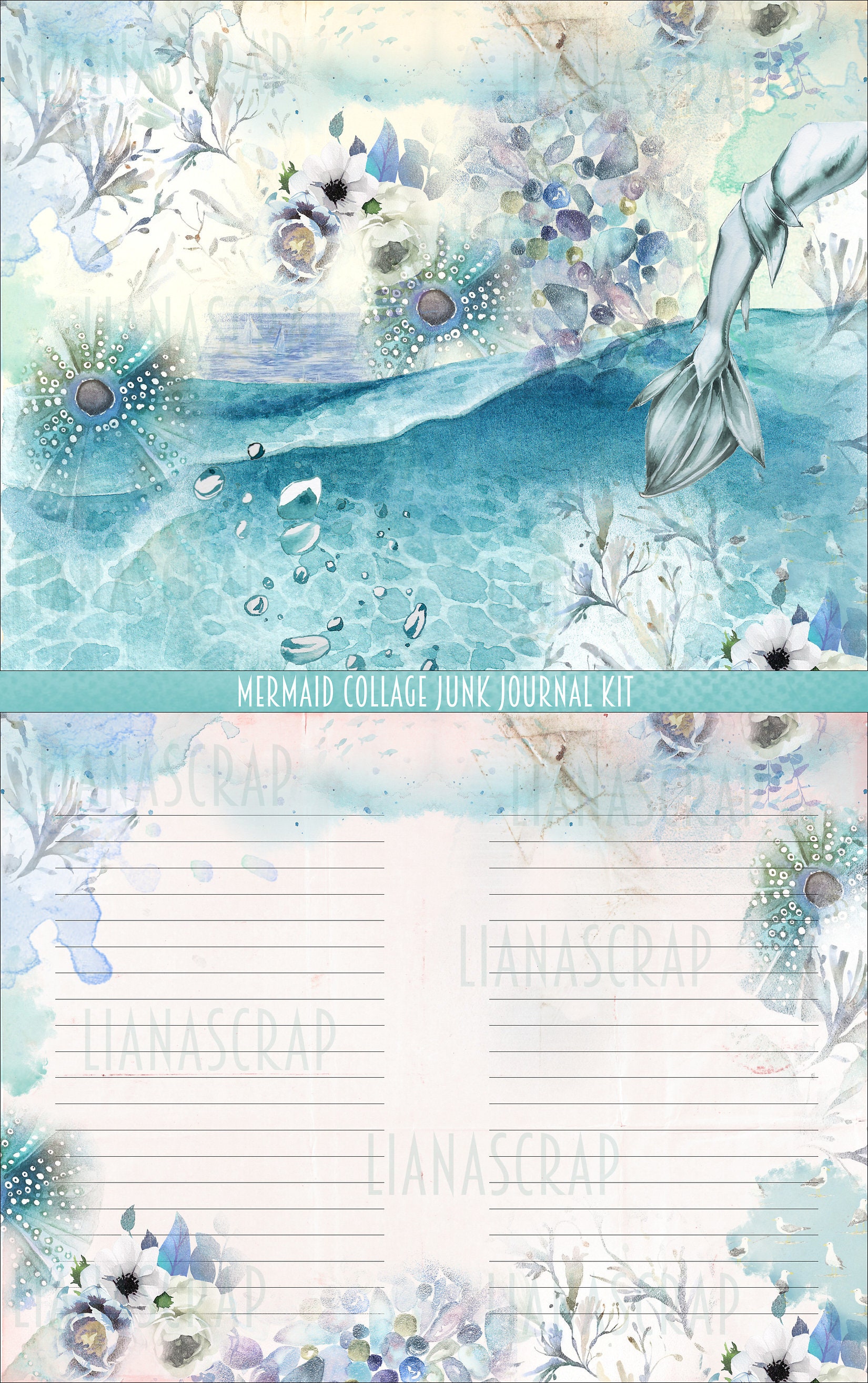 Mermaid Junk Journal Kit, Sea Life Collage, 14 Pages (digital Download ...
