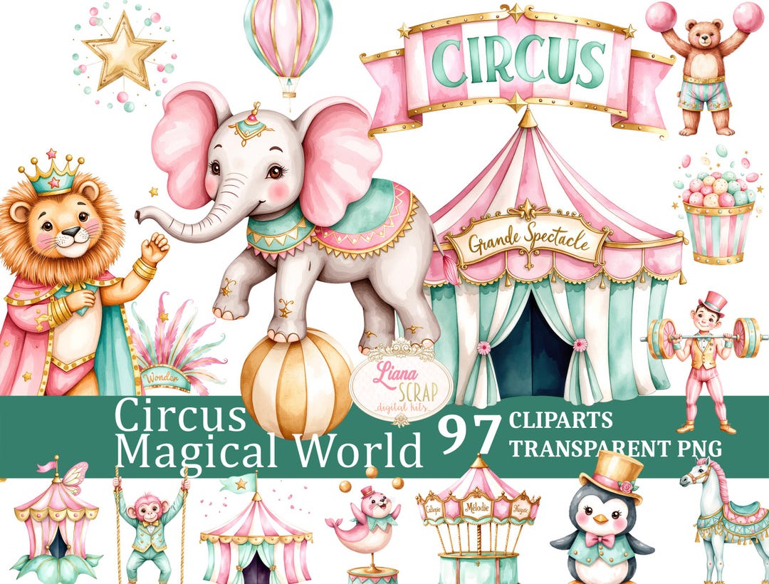 Watercolor Circus Clipart – Magical Animals, Nursery Decor (97 PNG) - Etsy