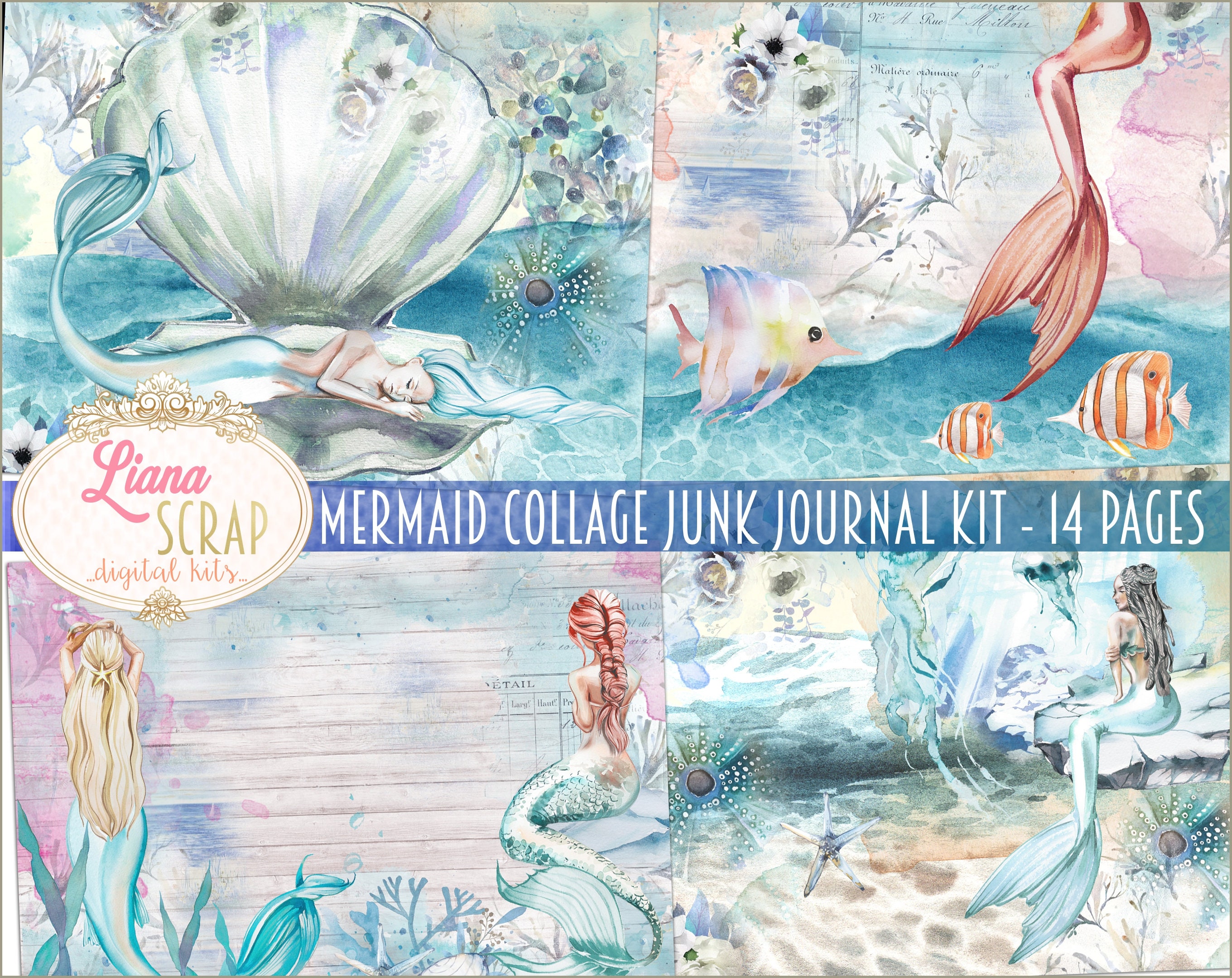 Mermaid Collage Junk Journal Kit Mermaids and Sea Life - Etsy