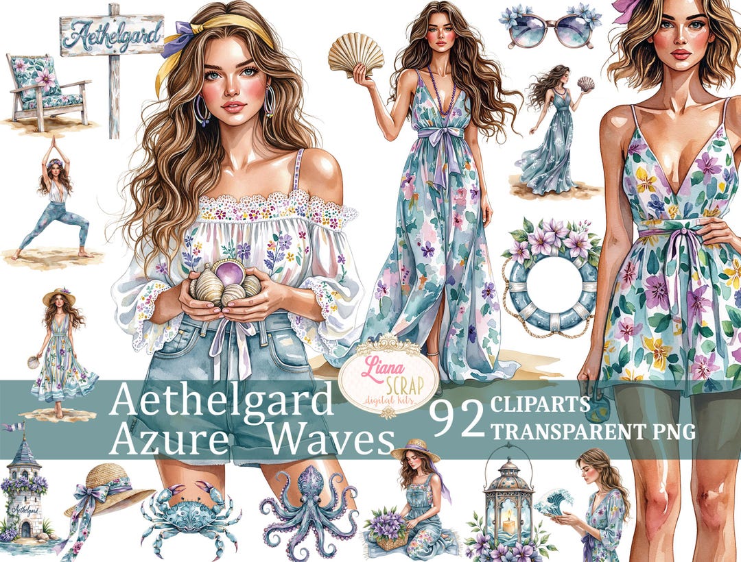 Aethelgard Azure Waves 92 Watercolor Clipart Set - Beachy Digital Stickers, Transparent PNG for ...