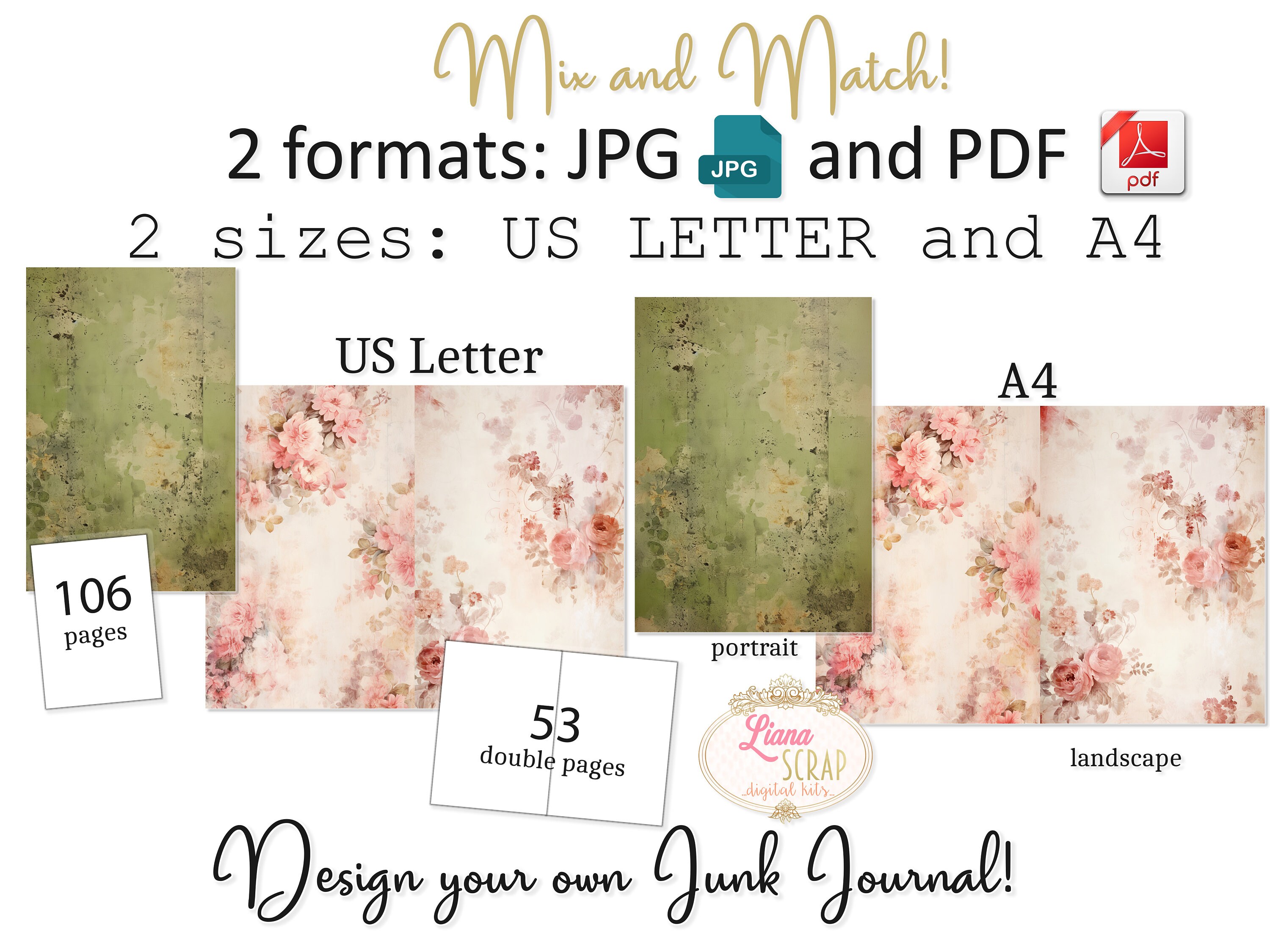 Vintage Wallpaper Junk Journal Pages – Distressed Floral Designs (PDF ...