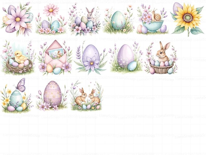 Easter Time Clipart Bunnies Eggs Floral Watercolor Spring Digital ...