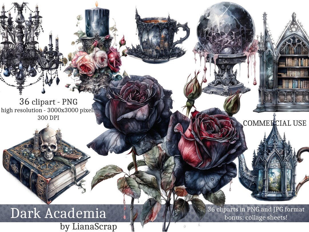 Dark Academia Clipart PNG Set, 36 Gothic Clipart, Commercial Use Clip ...