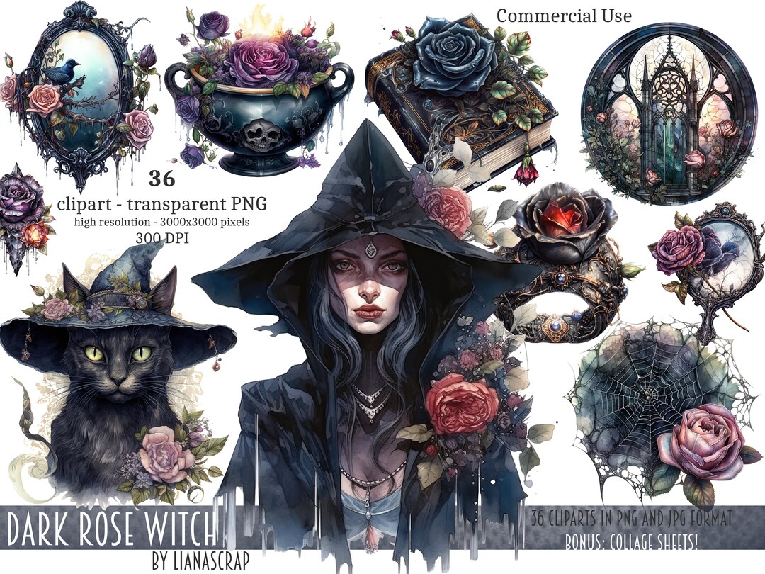 Dark Rose Witch Clipart PNG Set, 36 Witch Clipart, Commercial Use Clip ...