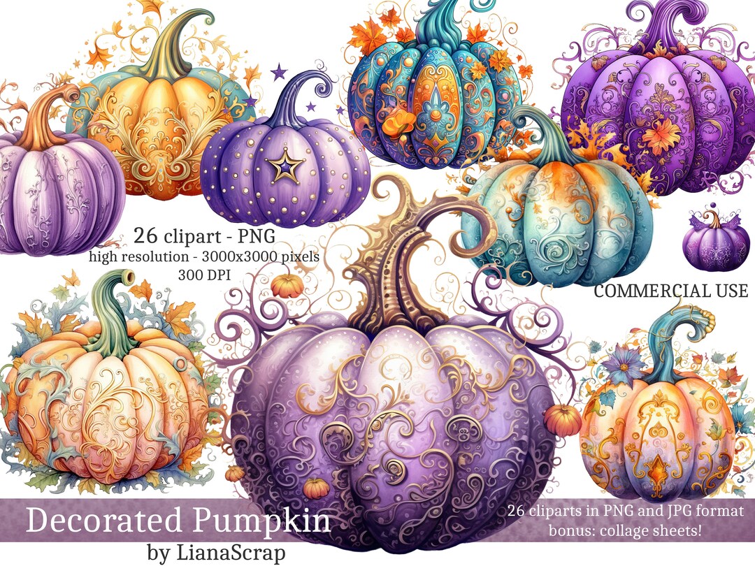 Decorated Pumpkins Clipart PNG Set, 26 Halloween Clipart, Commercial ...