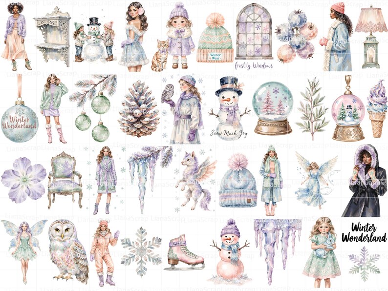 Pastel Winter Wonderland 72 Clipart Set - Watercolor Snowflakes, Girls ...
