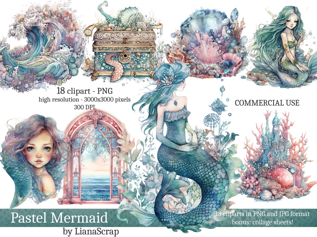 Pastel Mermaid Clipart PNG Set, 18 Mermaid Clipart, Commercial Use Clip ...