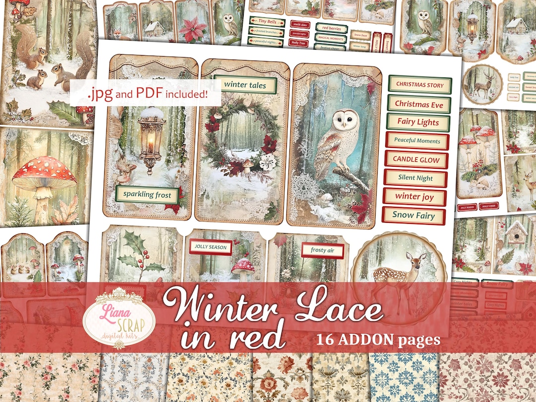 Winter Lace in Red Junk Journal ADDON Paper, Magical Woodland Christmas ...