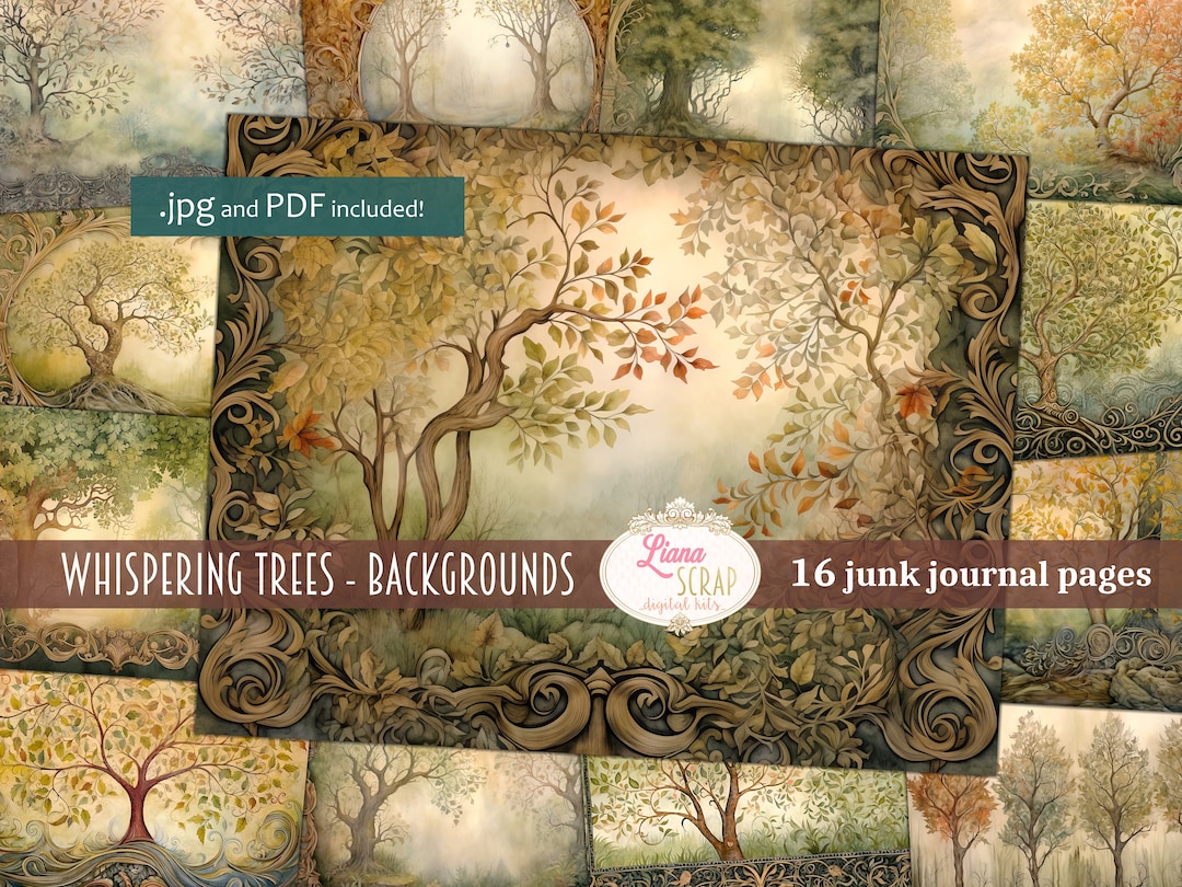 Whispering Trees Digital Junk Journal Background, Autumn Tree Collage ...