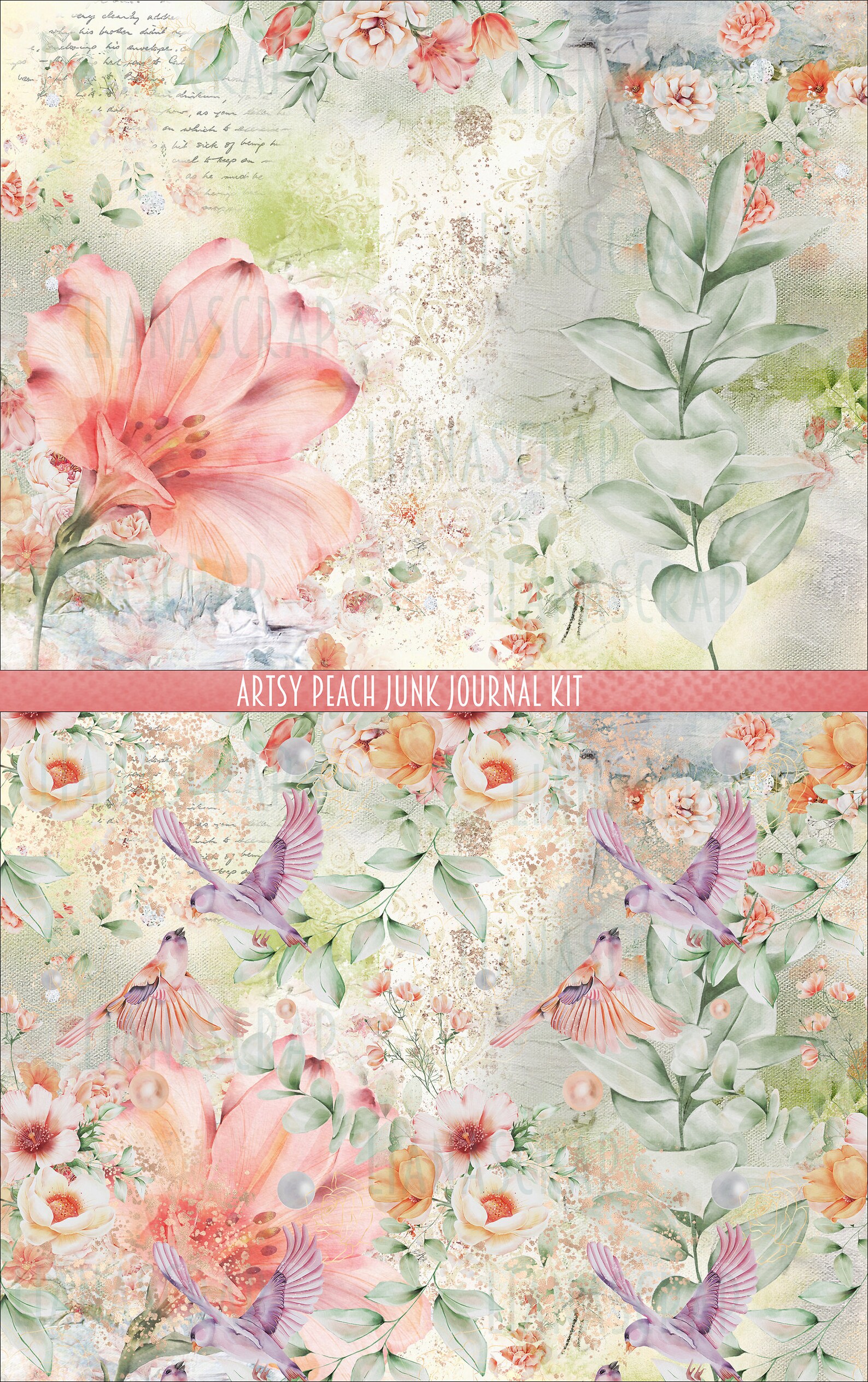 Artsy Peach Junk Journal Digital Kit Printable Flowers and - Etsy