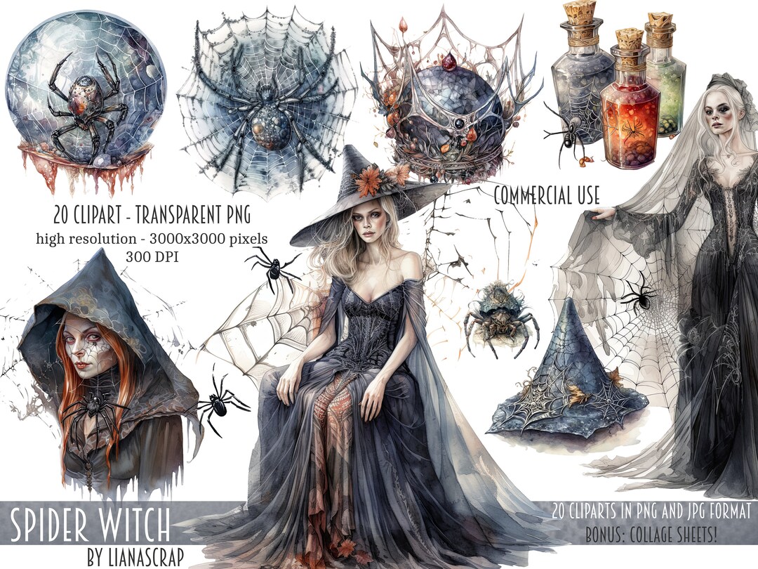 Spider Witch Clipart PNG Set, 20 Witch Clipart, Magic Commercial Use ...