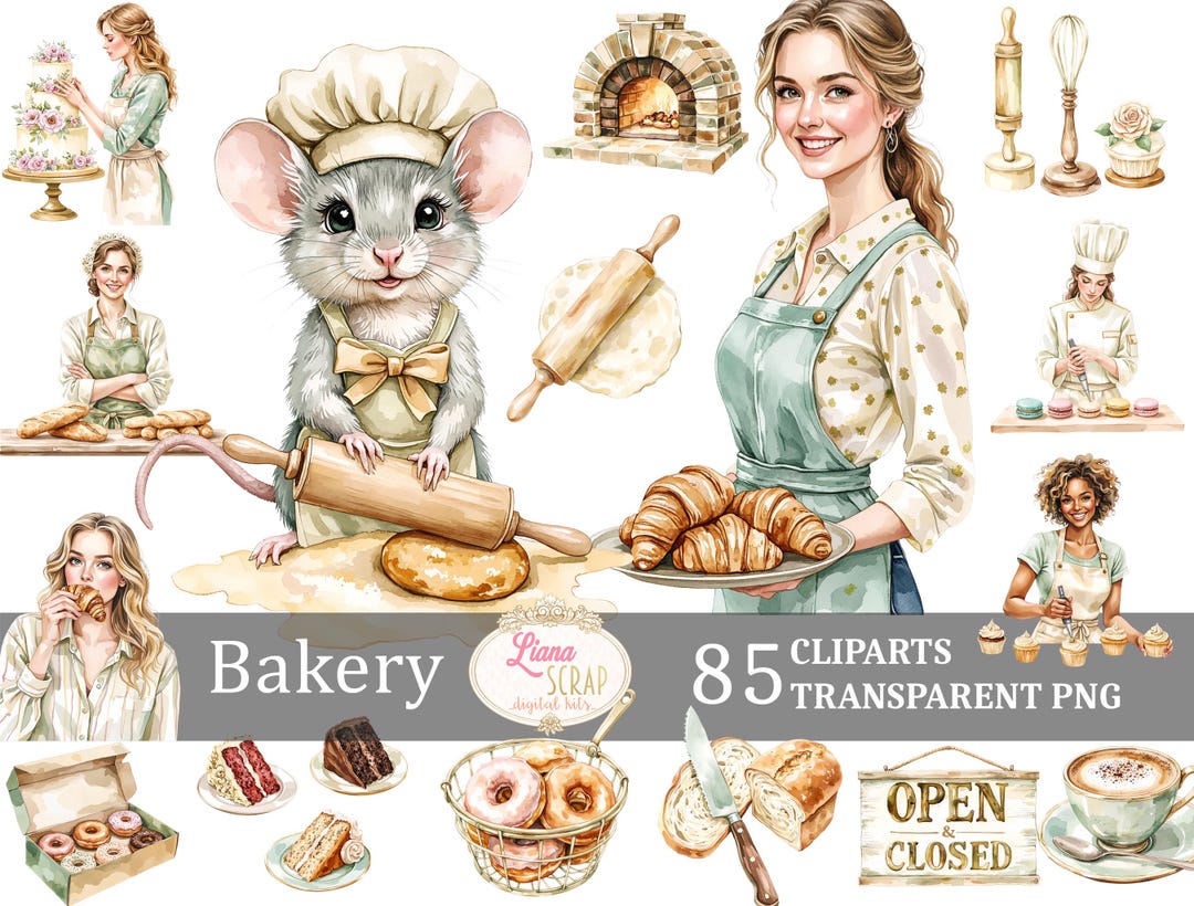 Bakery Clipart Set - 85 Watercolor Bakery PNG Images - Digital Clipart ...