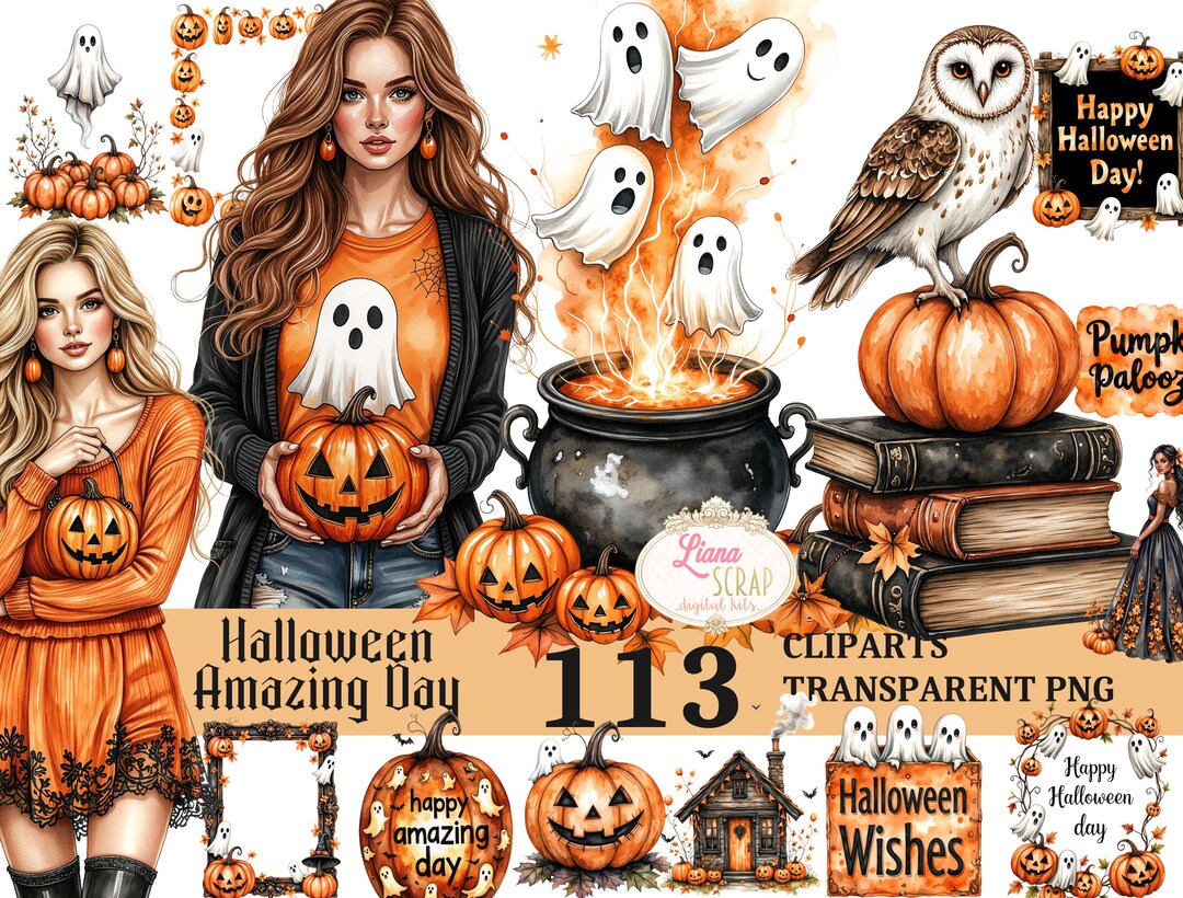 Watercolor Halloween Clipart Set – Pumpkins, Ghosts, Witches (PNG ...