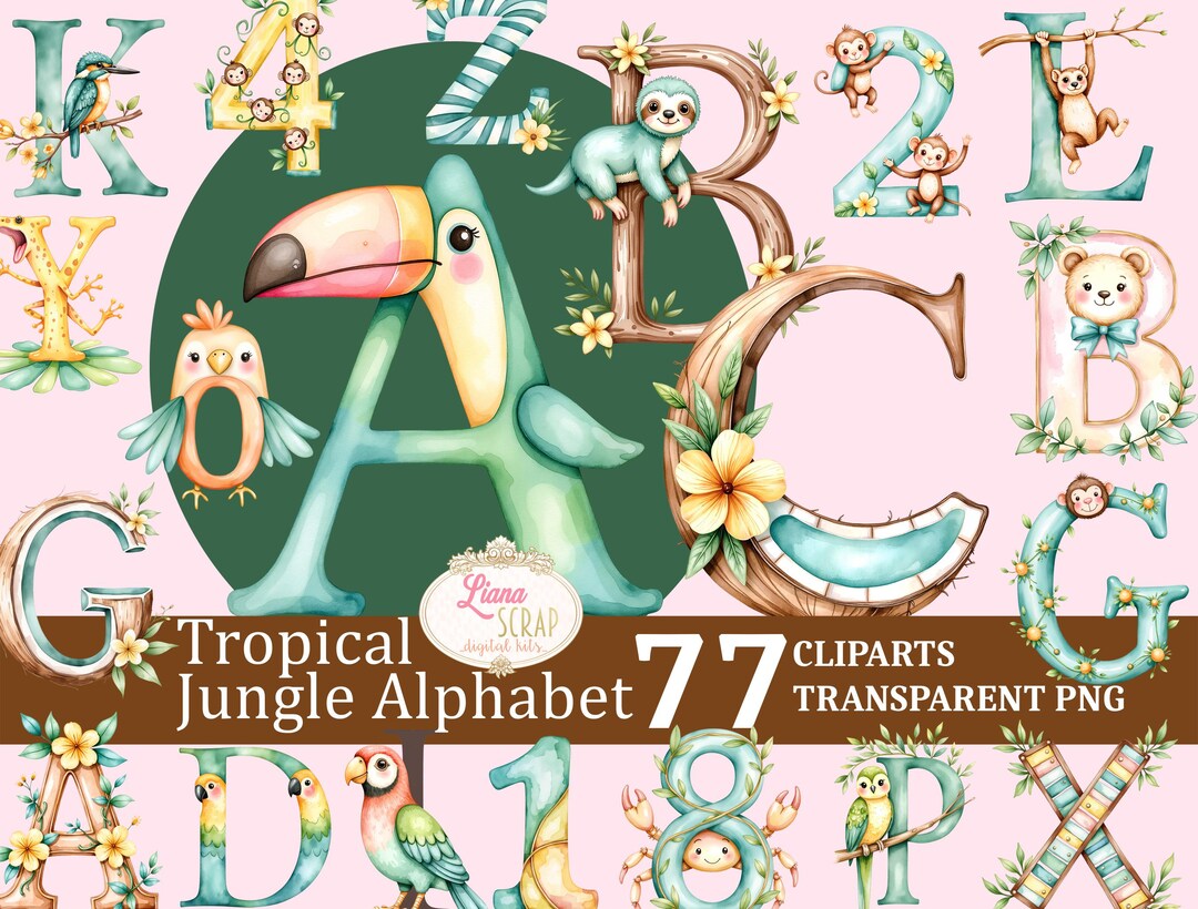 Tropical Watercolor Clipart Alphabet – Jungle Animals PNG (77 Images ...
