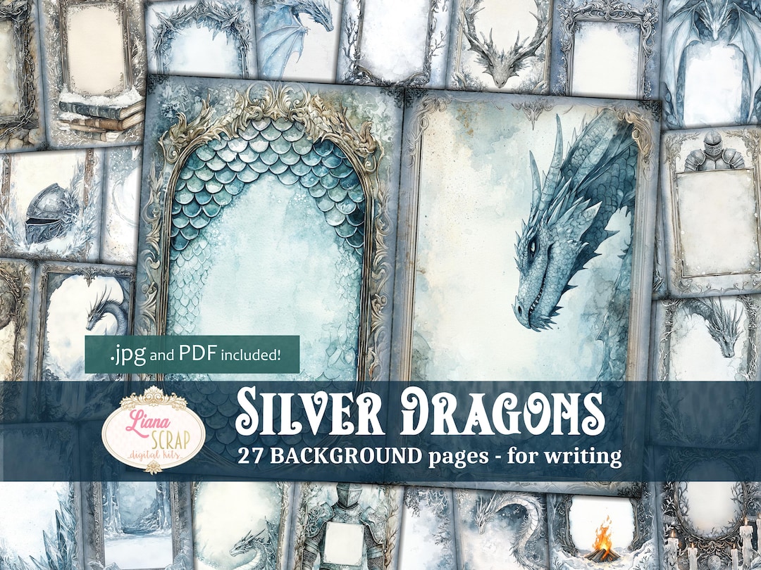 Silver Dragons Backgrounds Junk Journal Kit, 27 Pages, Winter Dragon ...