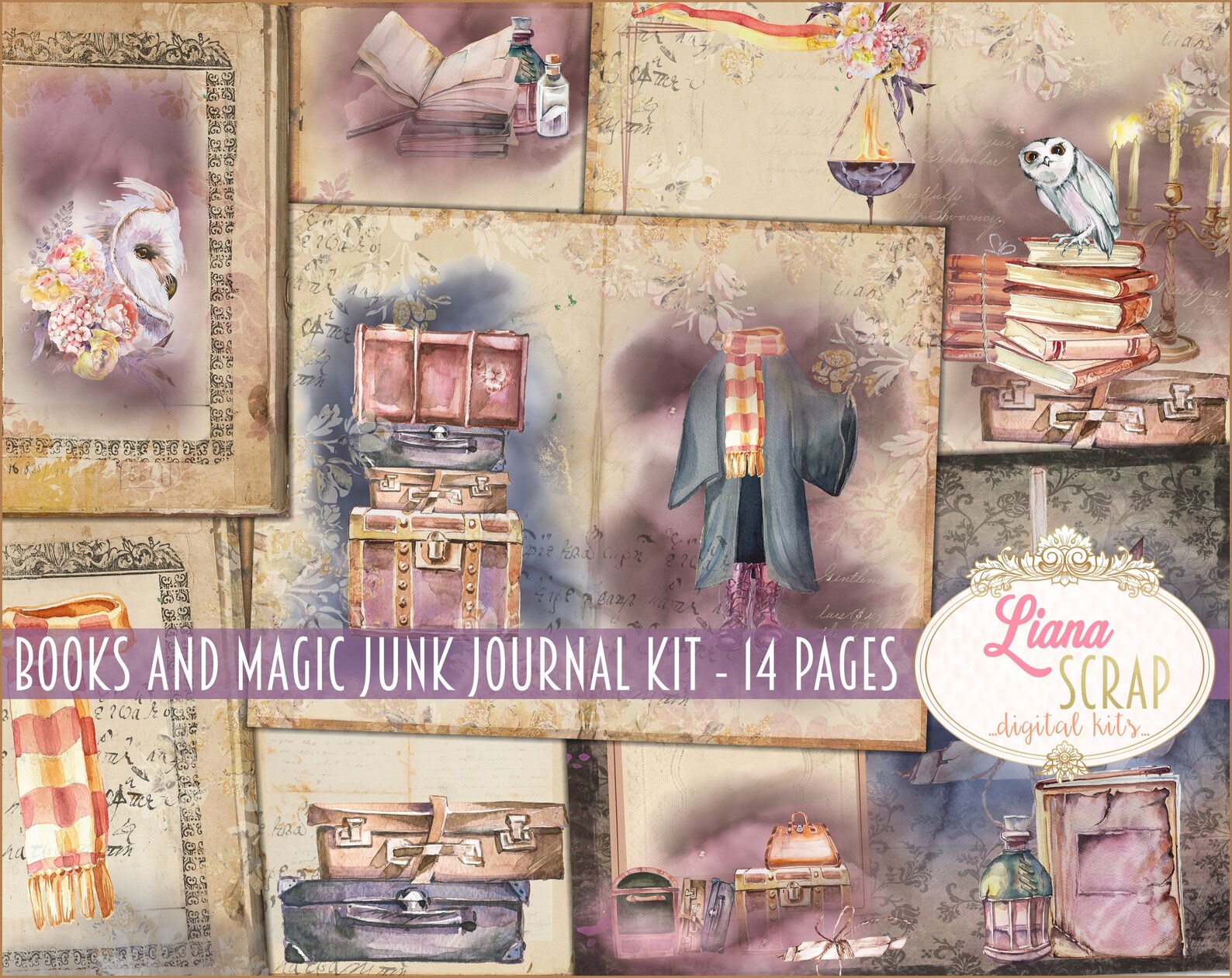 Books and Magic Junk Journal Digital Kit Printable, Wizard Digital ...