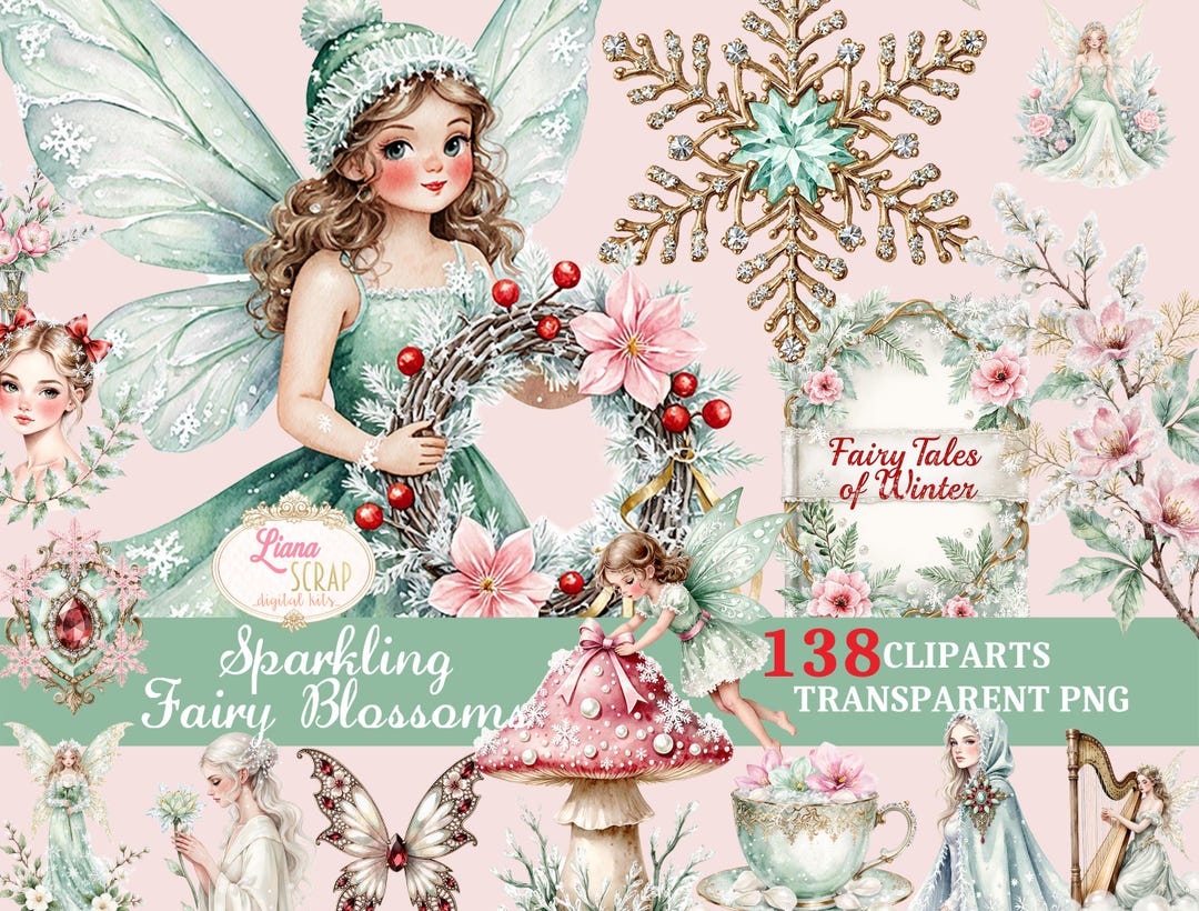 Sparkling Fairy Blossoms 138 Clipart Set - Watercolor Fairies, Floral ...