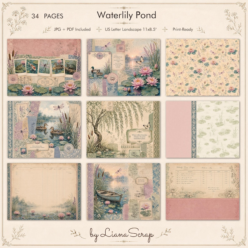 Waterlily Pond Botanical Backgrounds, Printable Junk Journal Pages, 34 ...