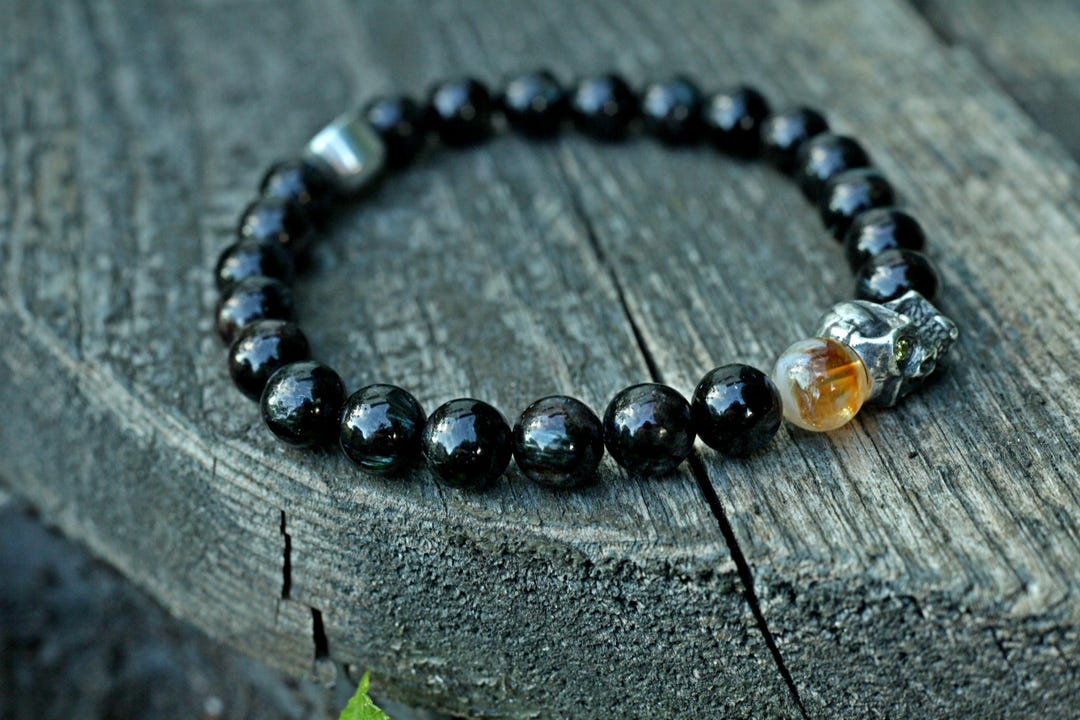 Mens Astrophyllite & Citrine Bracelet: Sterling Silver Skull, Zircon ...