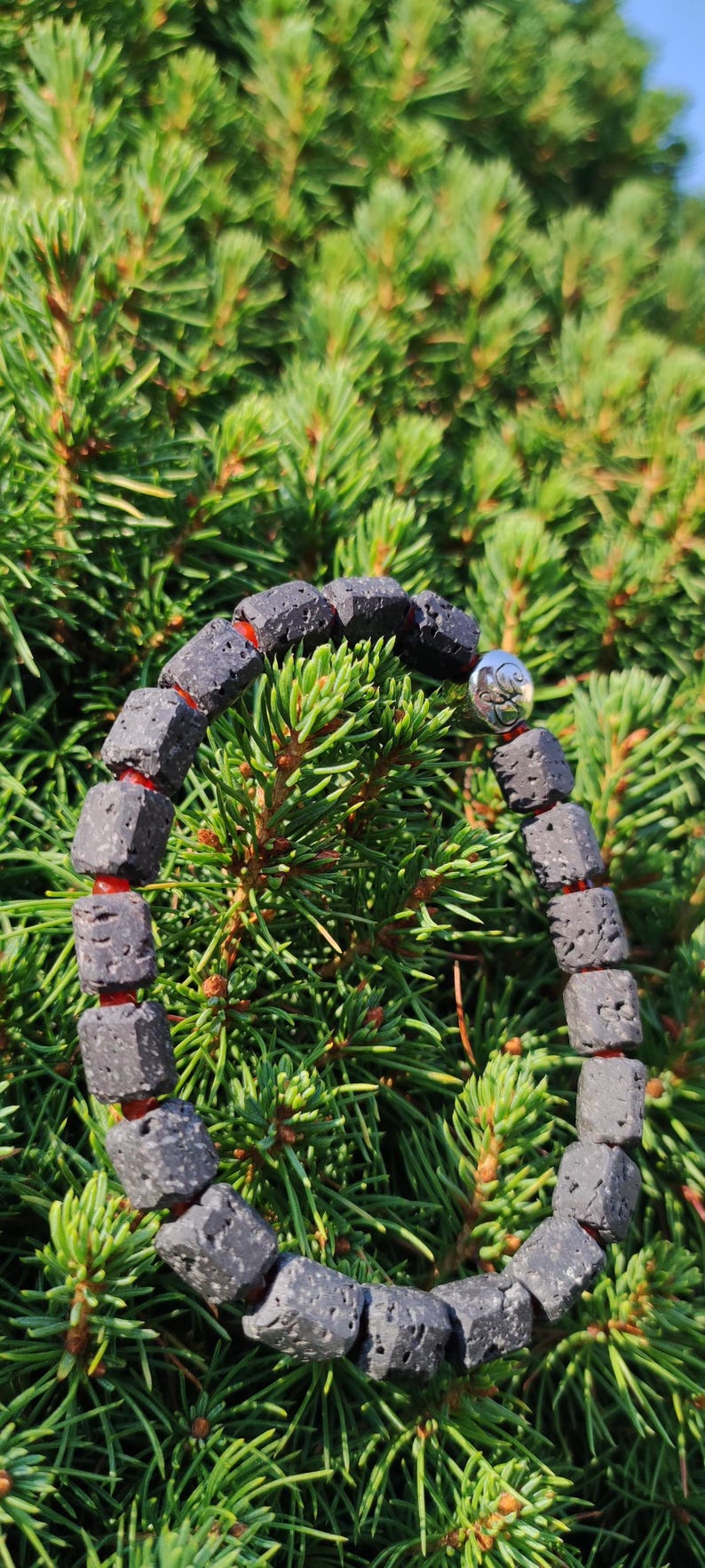 Mens Lava Rock Bracelet: Quartz Carnelian Gemstone, Chrome Alloy Bead ...