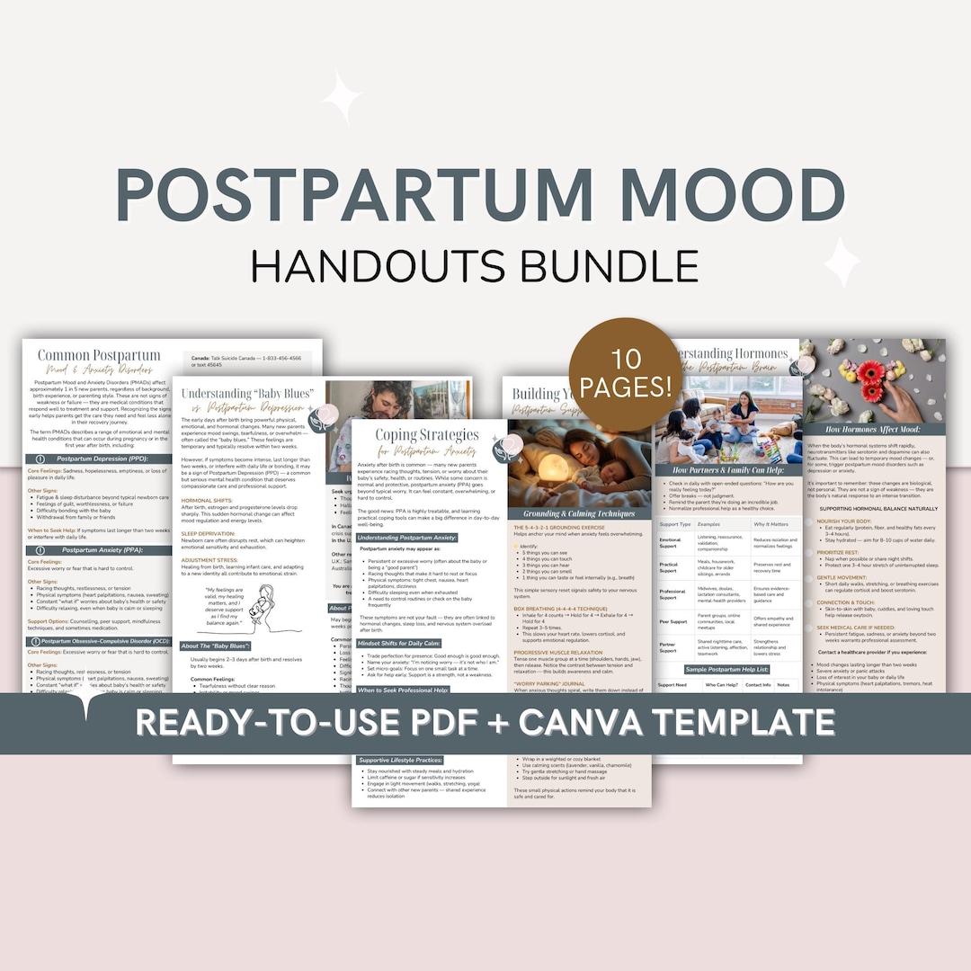 Postpartum Mental Health Handouts Bundle | Editable Canva Templates for ...