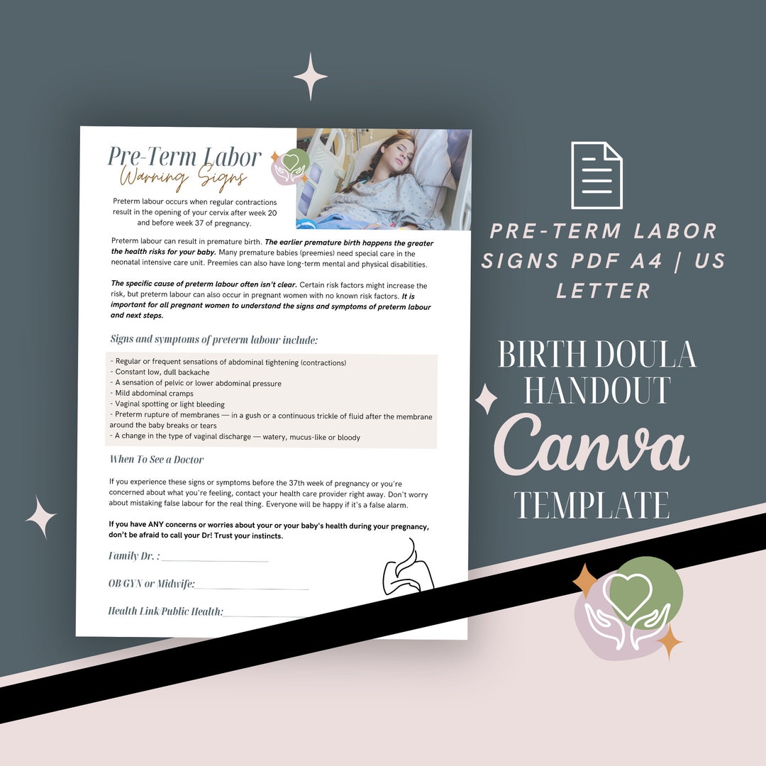 Editable Pre-term Labor Signs and Symptoms Childbirth Education Handout ...