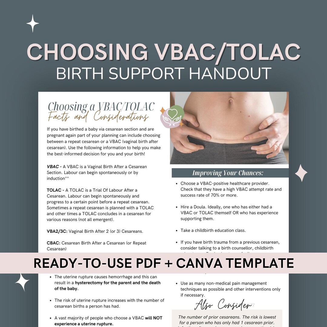 Choosing VBAC Handout | Vaginal Birth After Cesarean Education | Doula Client Guide | Editable ...