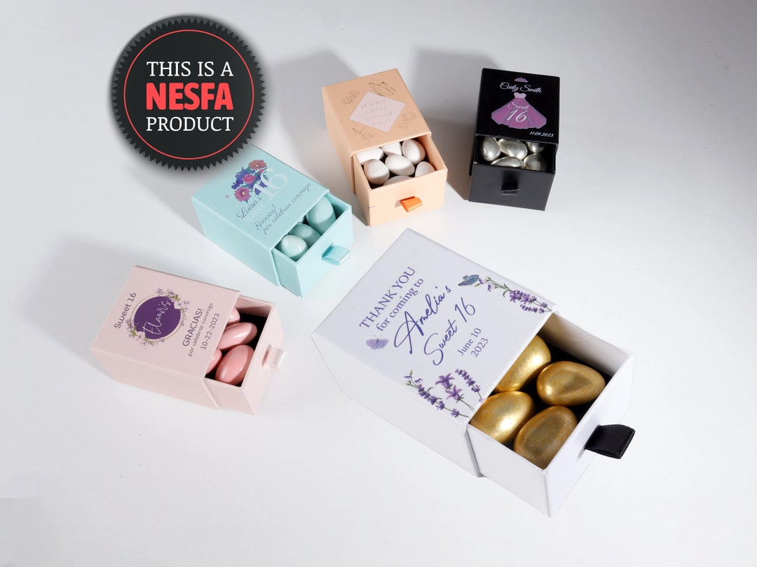 Sweet 16 Favor Boxes: Custom Drawer Cardboard Box With 7 Almond Candies ...