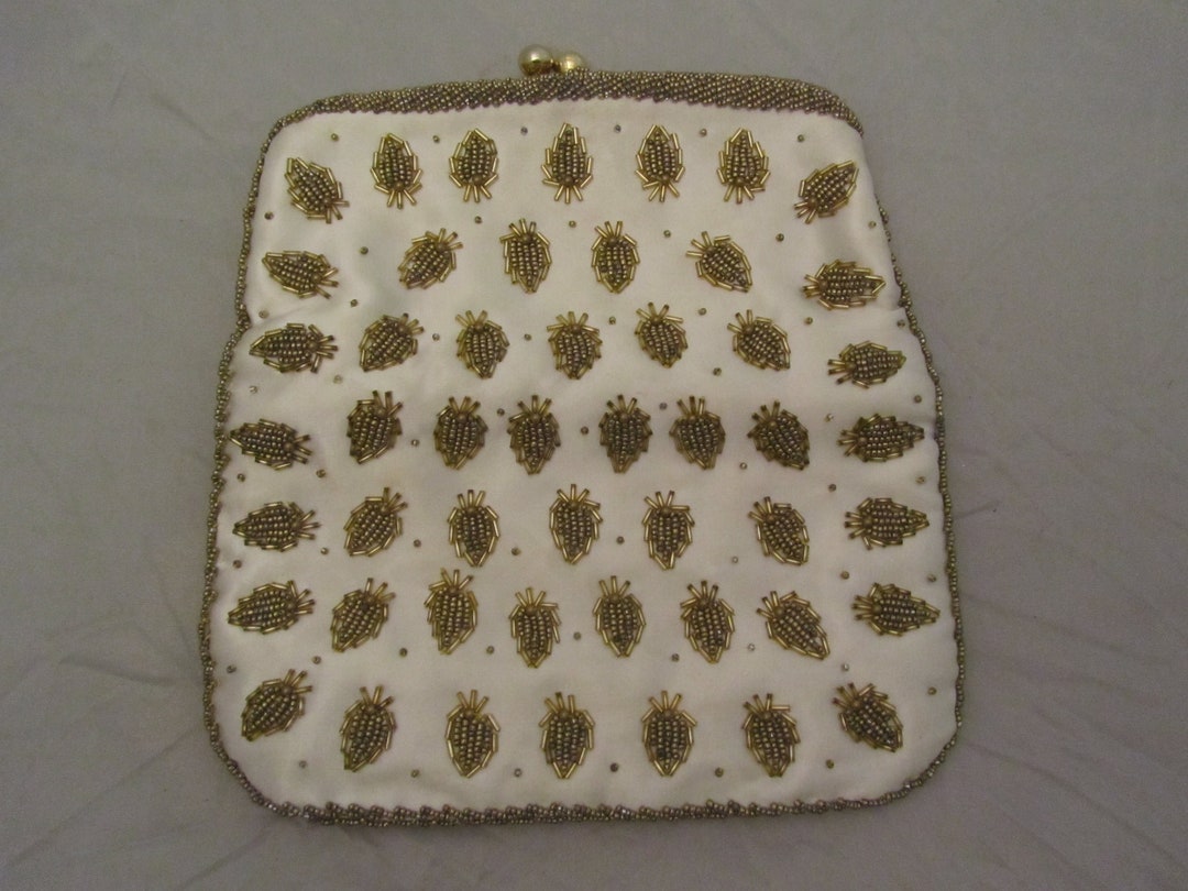 Glamorous White Satin Purse With Gold Trim and Gold Beadwork Grapes ...