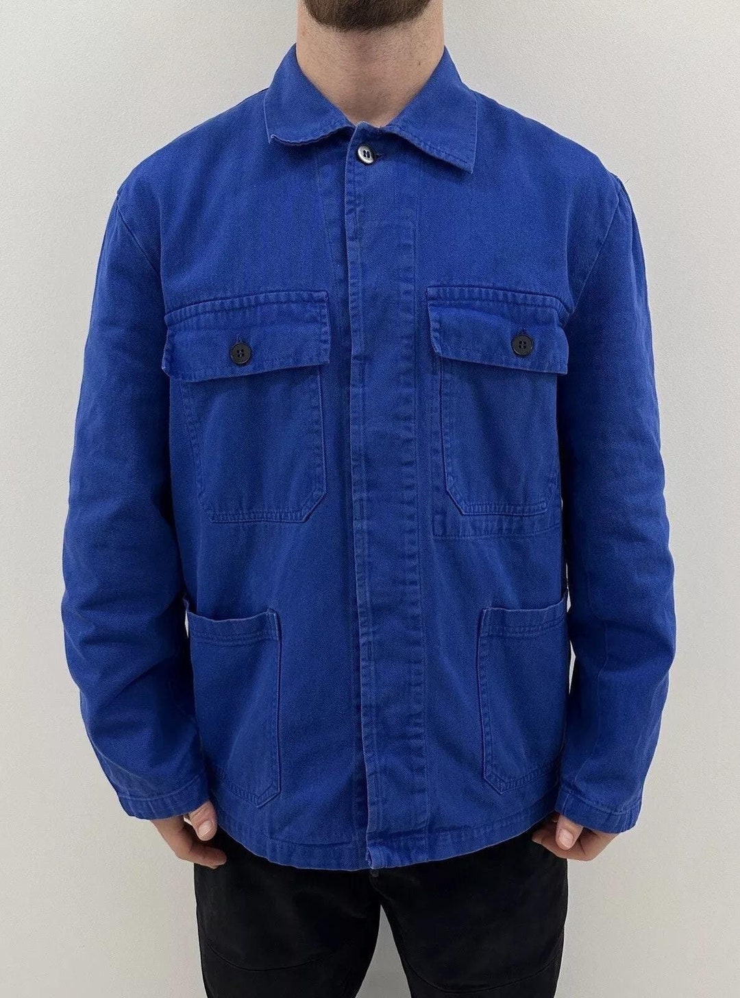 Vintage Sanfor Chore 1980s 80s French Work Wear Jacket Blue FADED MENS ...