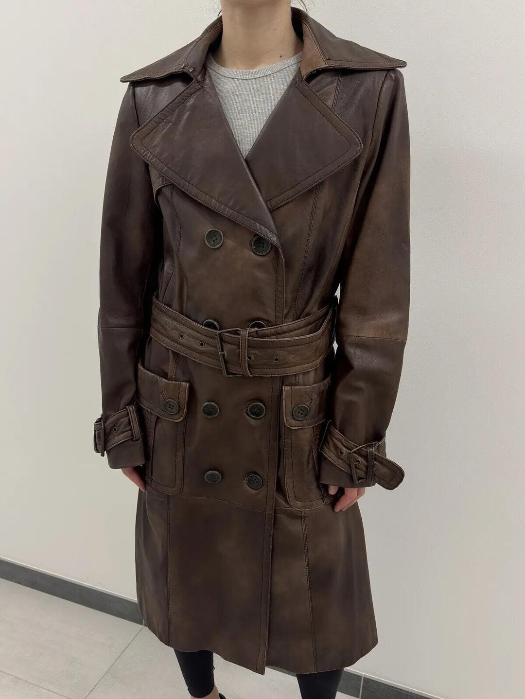 Vintage ZARA Basic Real Leather Brown Trench Coat Size M Bloke Retro - Etsy
