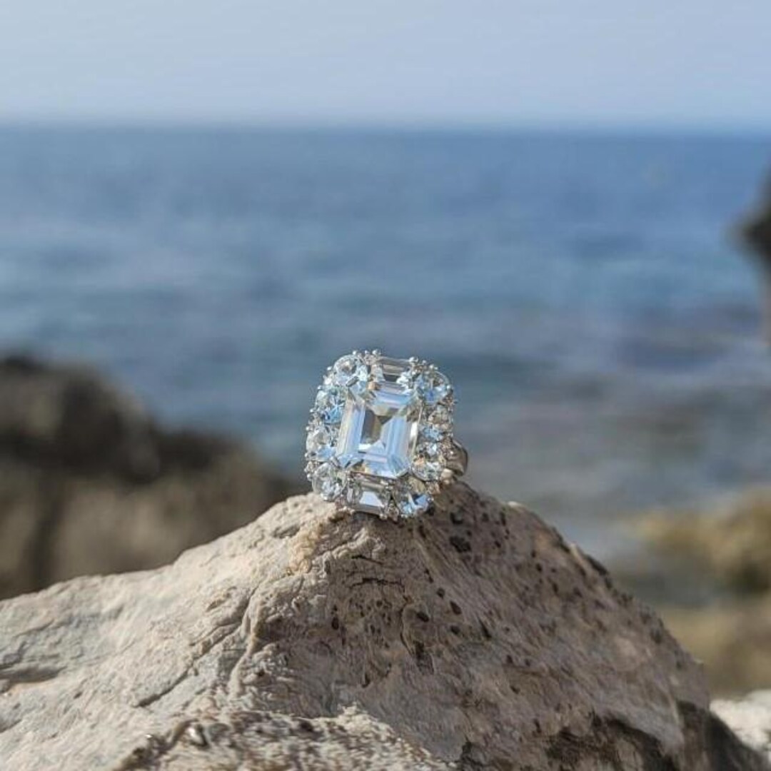 925 Sterling Silver Blue Octagon Aquamarine Cluster Cocktail Ring ...