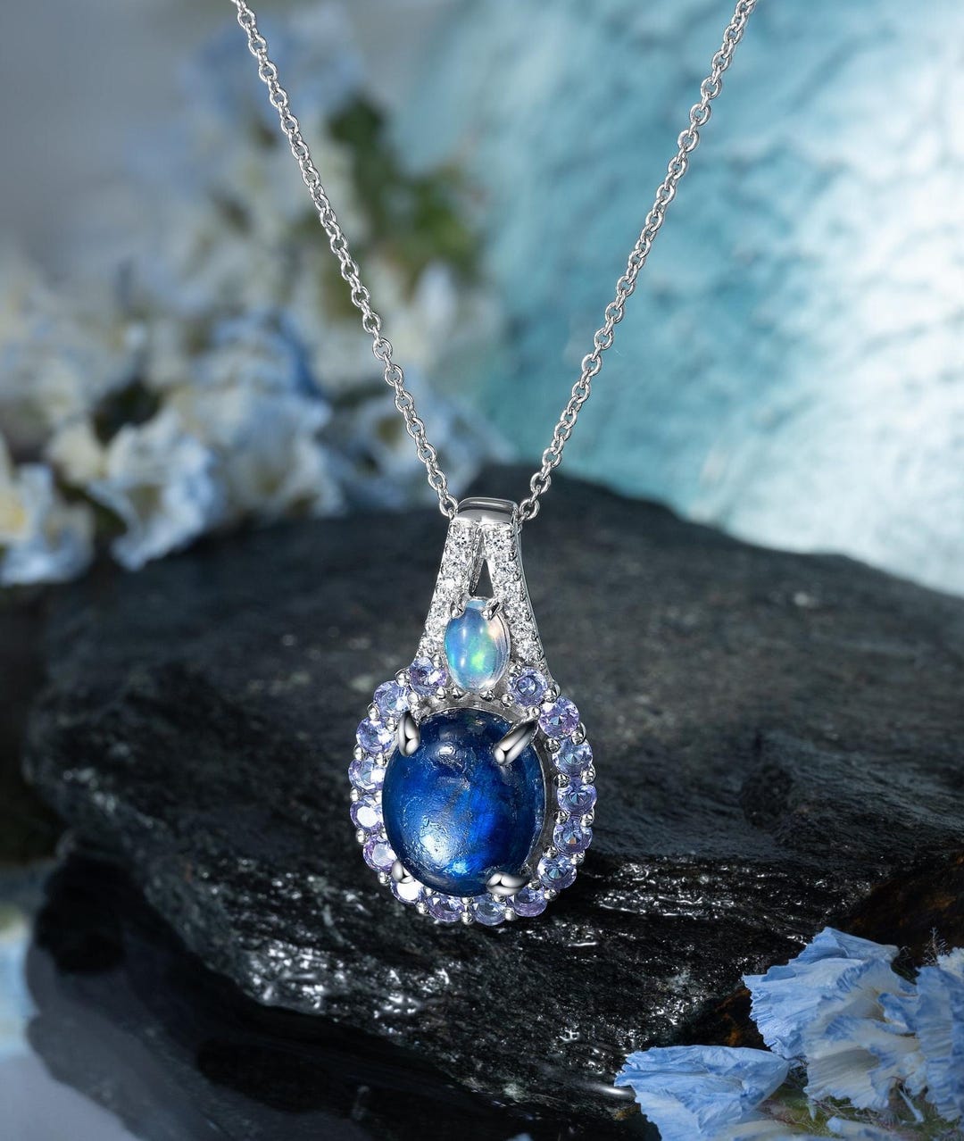 Silver Dyed Labradorite Pendant Necklace, Opal Tanzanite Accent - Etsy