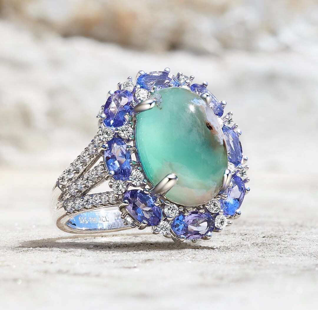 Oval Aquaprase Gemstone Cocktail Statement Ring With Tanzanite Halo and ...