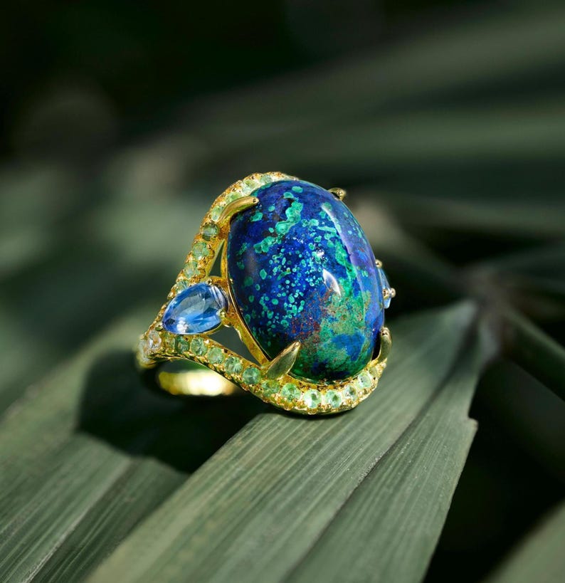 925 Silver Azurite Malachite With Tsavorite and Kyanite Gold Plated ...