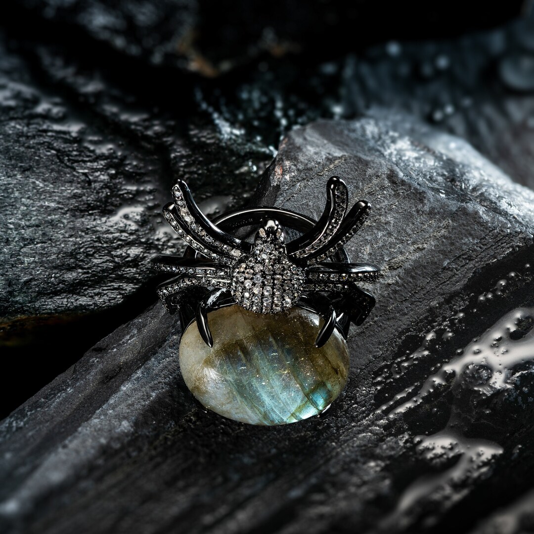 925 Sterling Silver Labradorite With Black Spinel Spider Gothic Critter ...