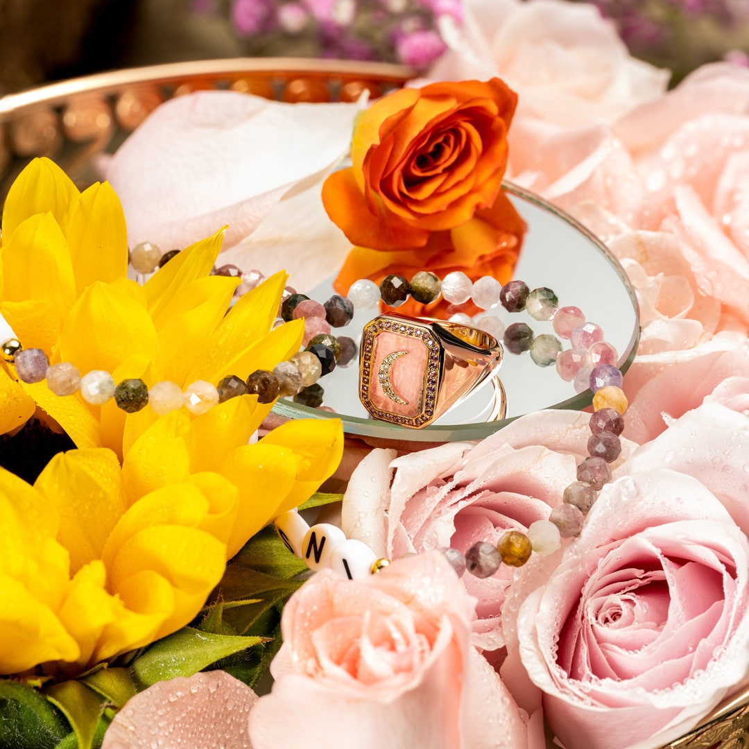 Crescent Moon Center With Emerald-cut Rose Quartz Frame & Rhodolite ...