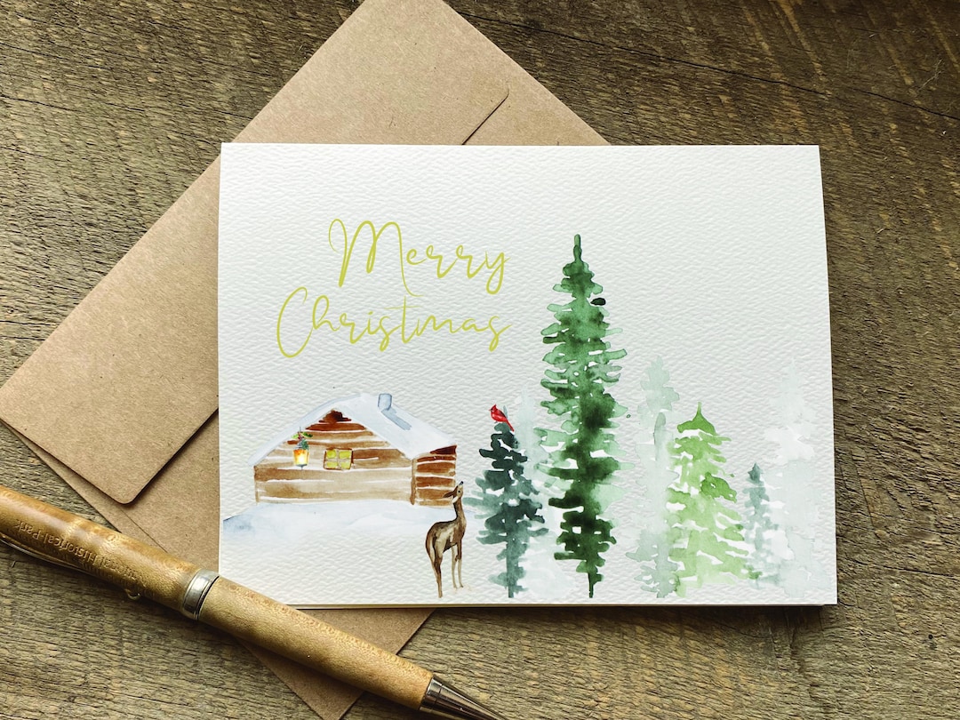 Cabin Christmas Card / Merry Christmas / Cabin in the Woods / Winter Watercolor / Christmas Card ...