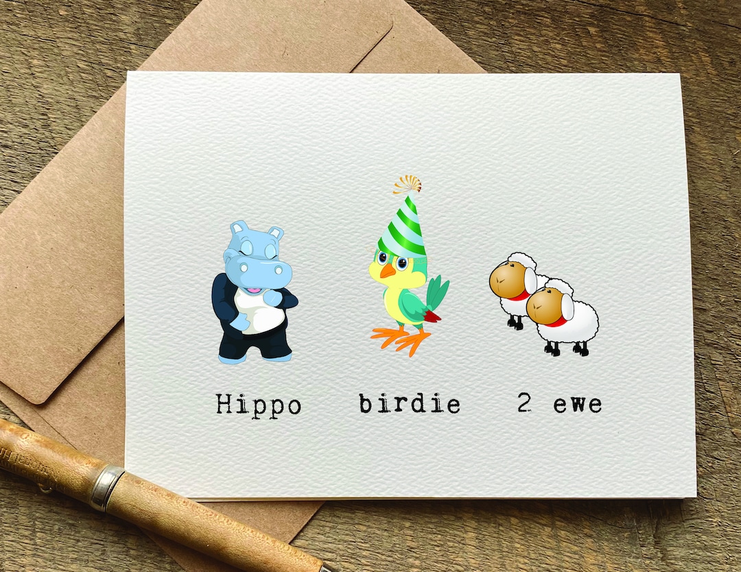 Whimsical Pun Birthday Card / Hippo Birdie 2 Ewe / Funny Animal ...
