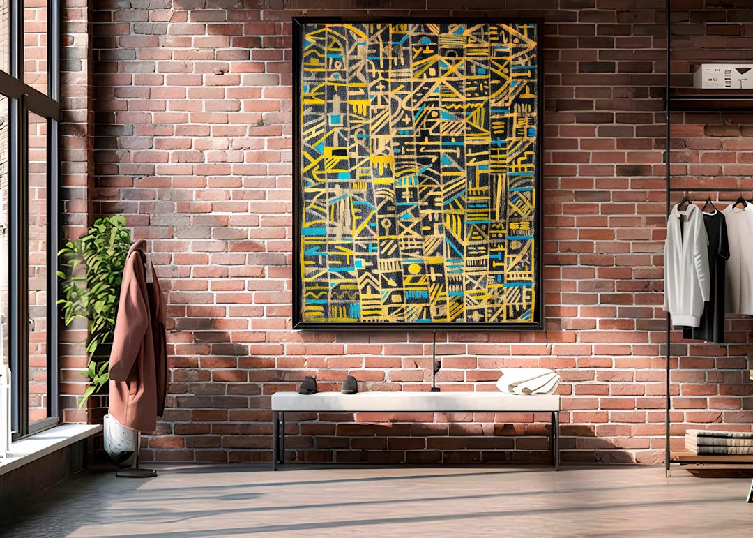 Primitive Forms: Tribal Grid & Symbols in Blue and Gold – Abstract ...