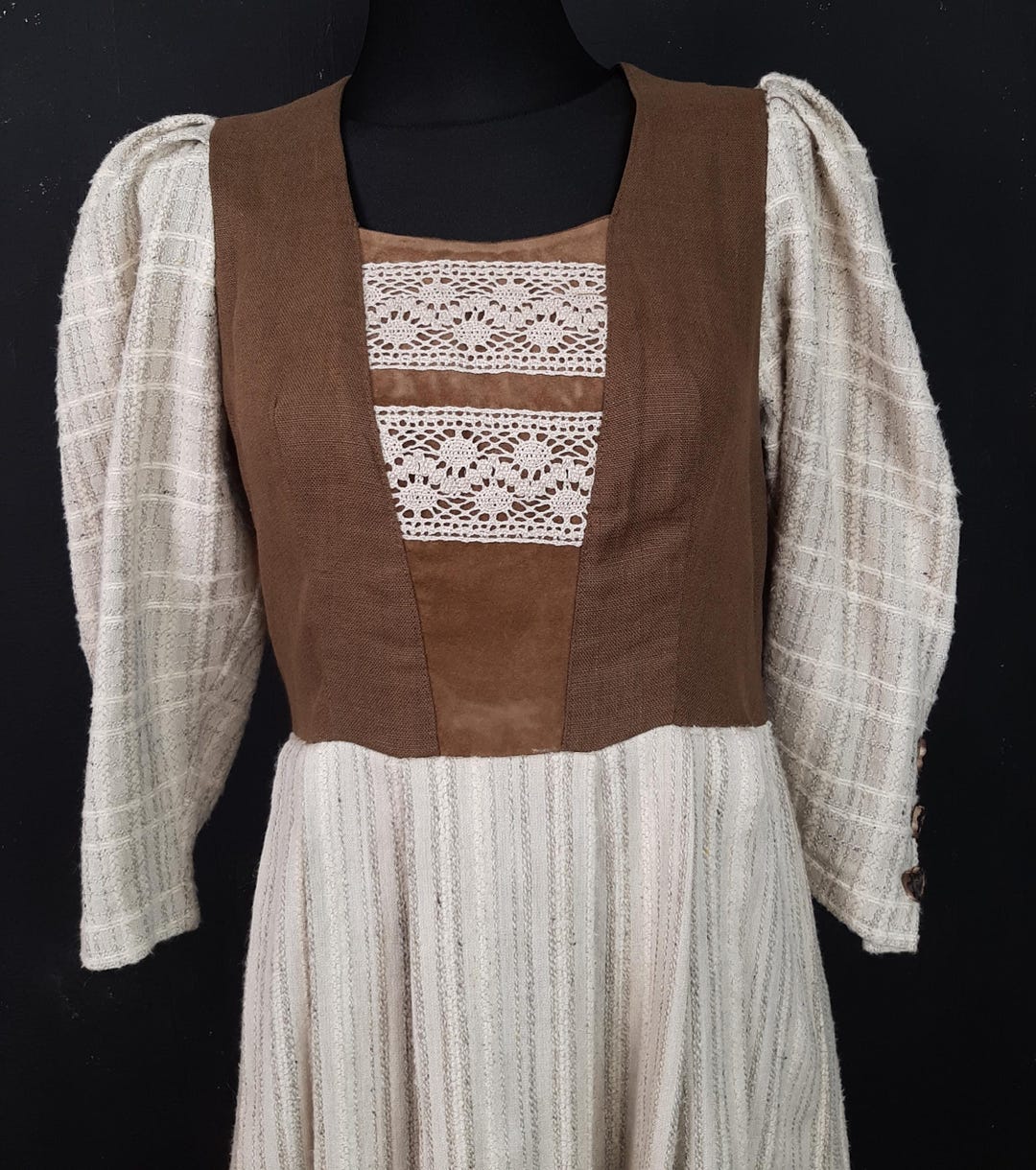70s Dirndl Brown Lace Medieval DRESS Heart Modest Alpen Trachten ...