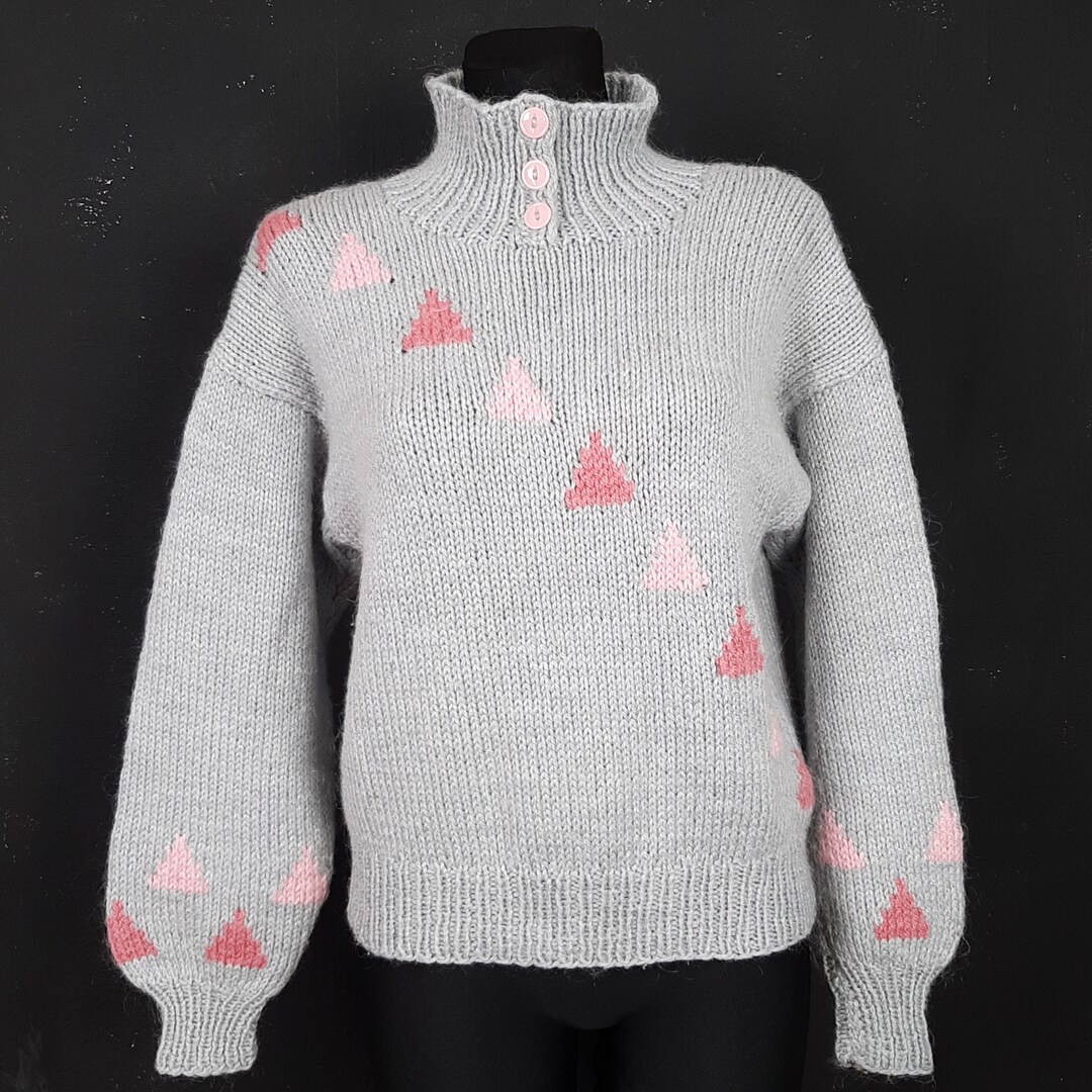 90s Hand Knitted Grey Triangle Wool JUPMER Sweater Knitted Pink ...