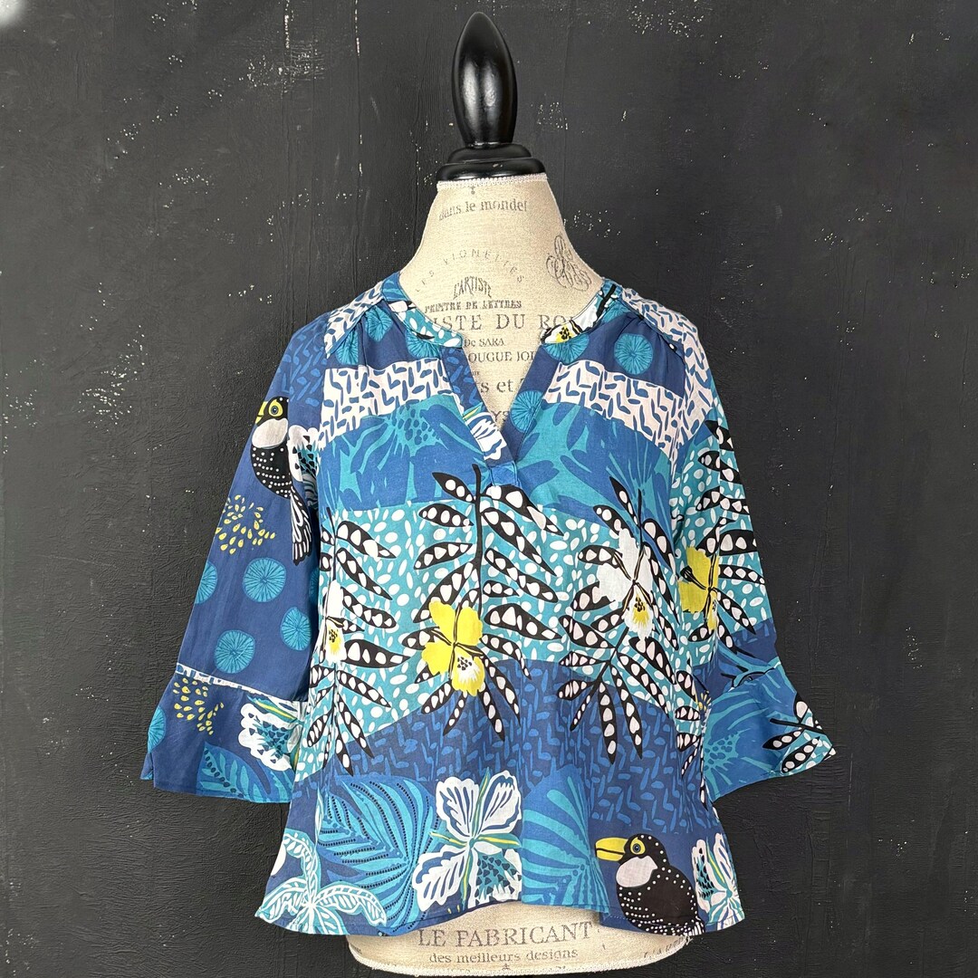 Blue Tucan Bird Hibiscus Lemon Orange BLOUSE Top Teal Ruffle Ruffled ...