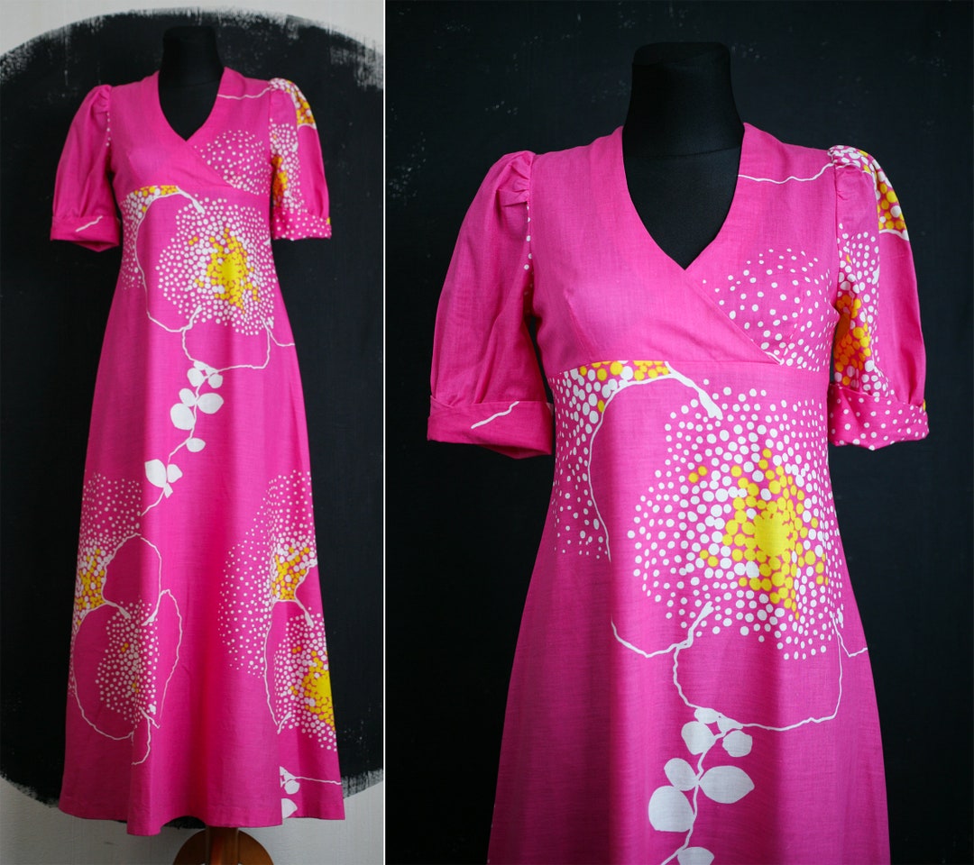 70s Pia & Paula Finland DRESS Pink Yellow Maxi Flower Sun Abstract ...