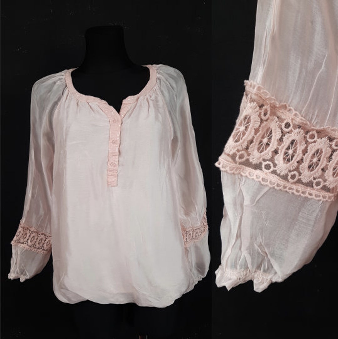 00s Pink Silk Mix Italian BLOUSE Top Sheer Pale Pastel Romantic Lace ...