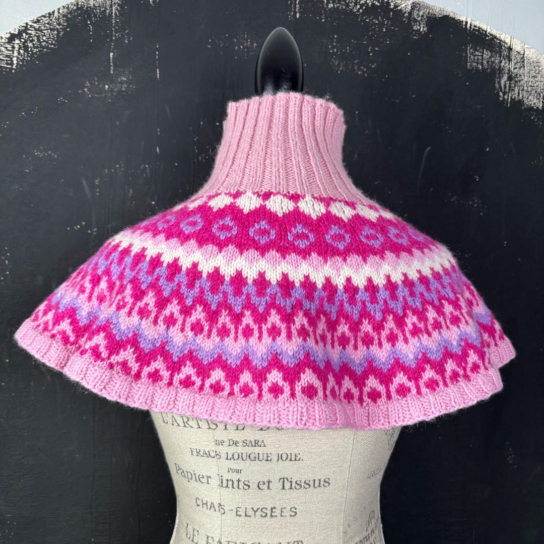 Vtg Hand Knitted Pink Purple Wool Fair Isle SCARF Snood Scandinavian ...