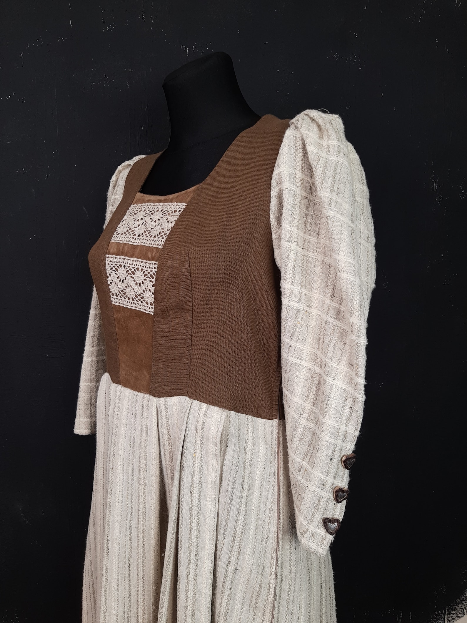 70s Dirndl Brown Lace Medieval DRESS Heart Modest Alpen Trachten ...