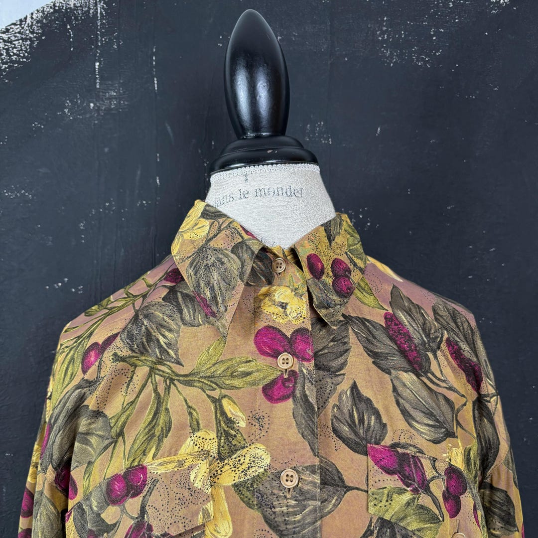 Vintage Cherry Berry Fruit Fruity Flower Lily BLOUSE Top Silky Nineties ...